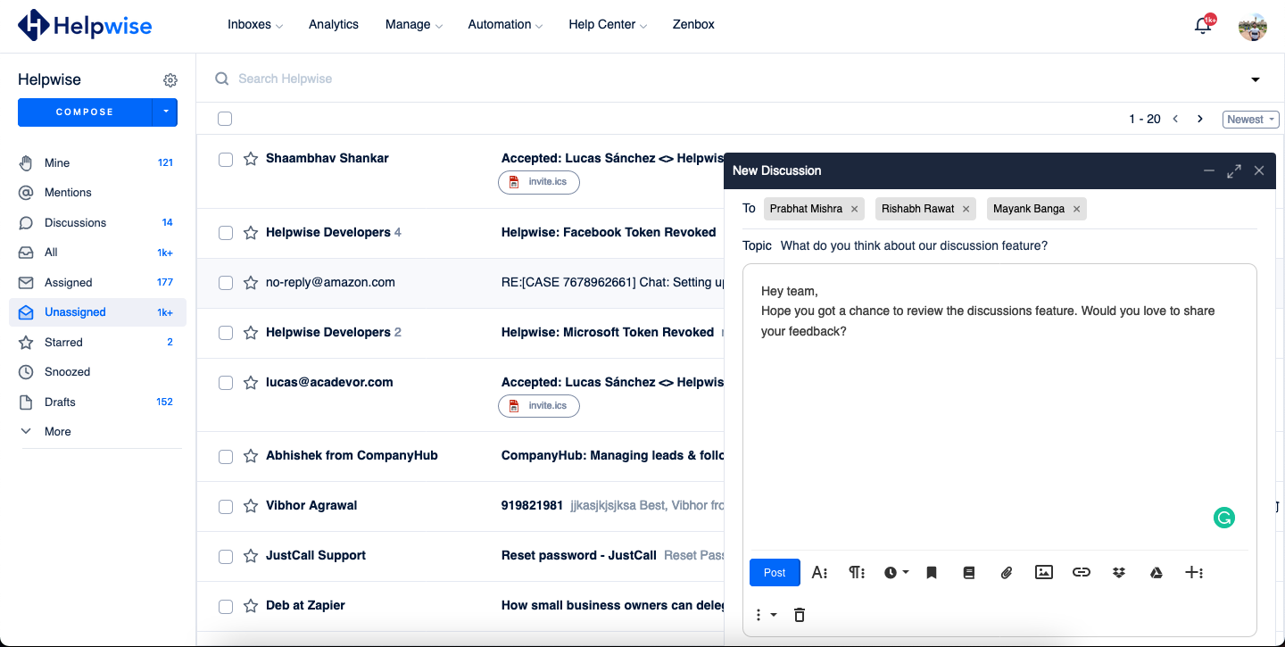 How to start an Internal Discussion? - Helpwise Help