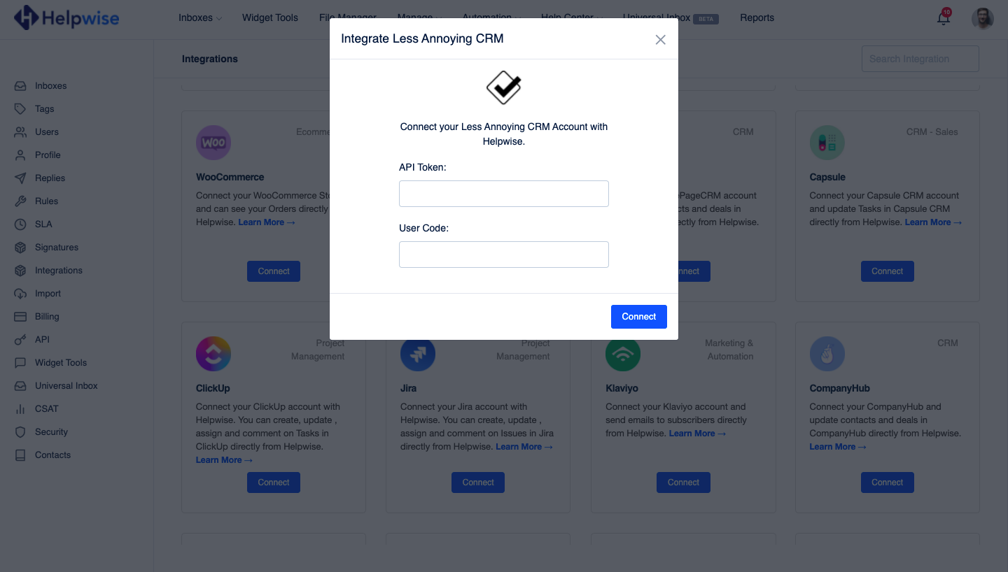 How to integrate Less Annoying CRM with Helpwise?