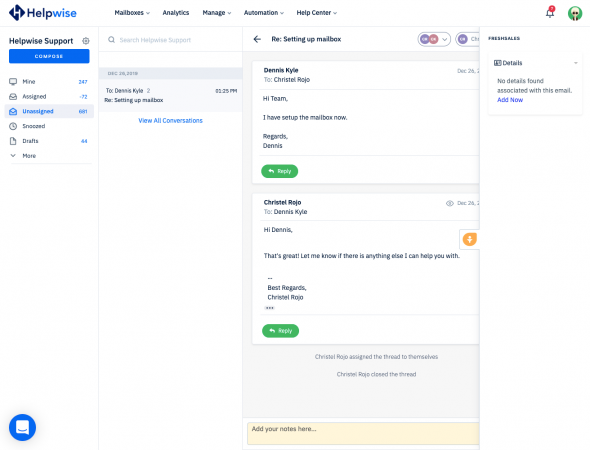 Shared Mailbox Freshsales Integration - Helpwise Product Updates