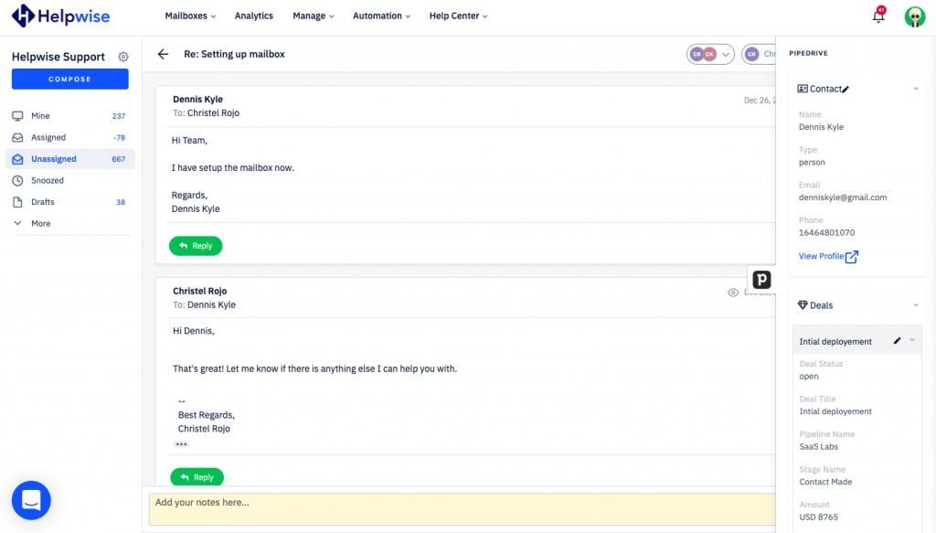 Shared Mailbox Pipedrive Integration - Helpwise Product Updates Shared Mailbox Pipedrive Integration - Helpwise Product Updates