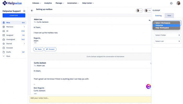 ClickUp Shared Inbox Integration - Helpwise Product Updates