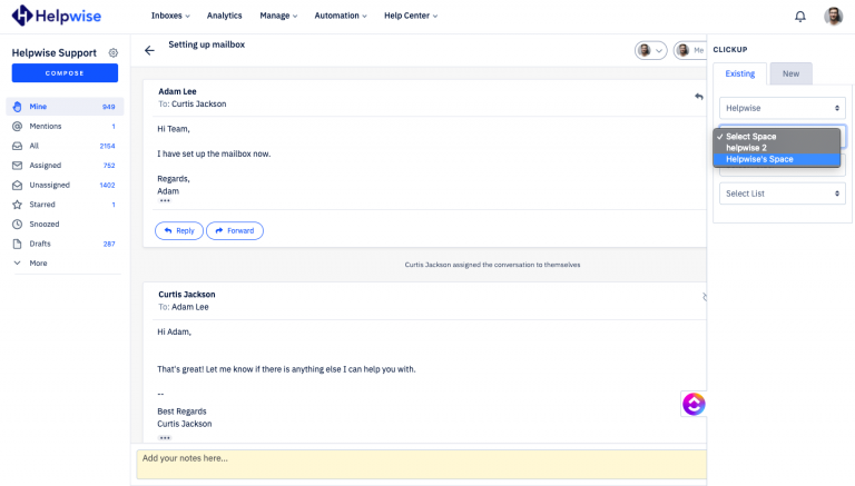 Clickup Shared Inbox Integration Helpwise Product Updates