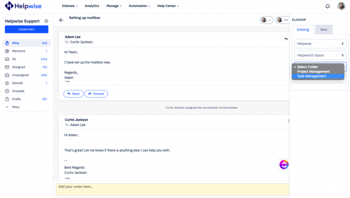 Clickup Shared Inbox Integration Helpwise Product Updates