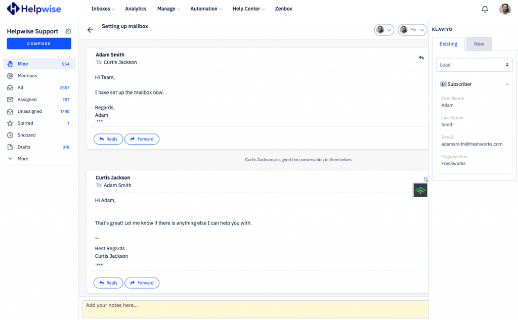 Klaviyo Shared Inbox Integration Helpwise Product Updates